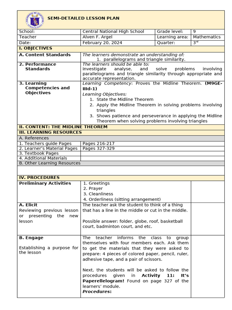 1DLP - Grade 9 - Midline Theorem | PDF | Triangle | Euclidean Geometry