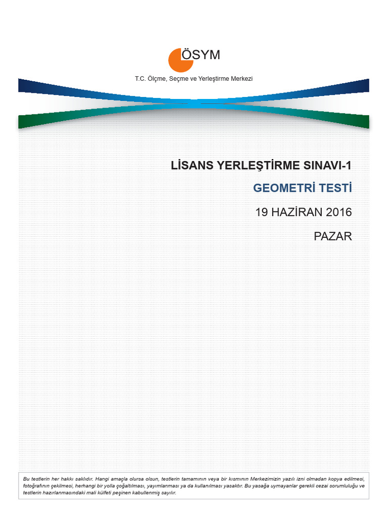 Lisans Yerlestirme Sinavi 1 Geometri Test Kitapcigi Ve Cevap Anahtari ...