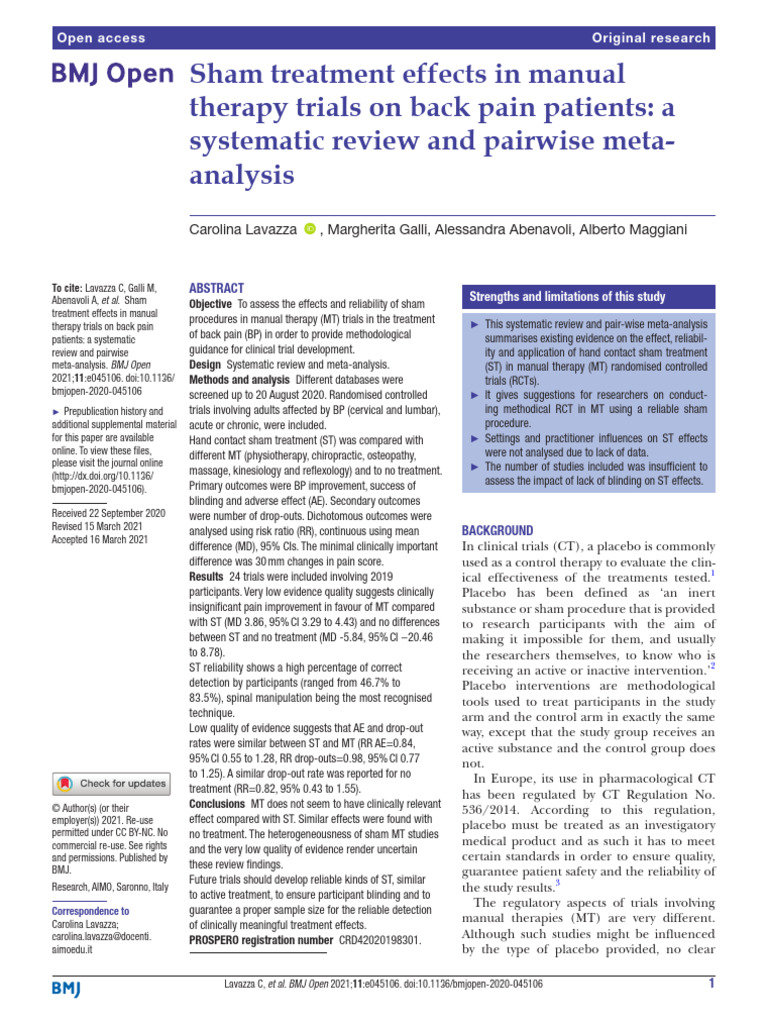 Sham Treatment Effects in Manual Therapy Trials On Back Pain Patients A ...
