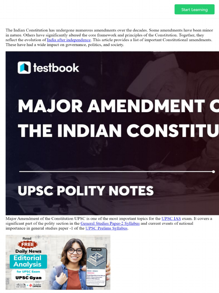 Major Amendment of The Constitution UPSC Notes PDF Download | PDF