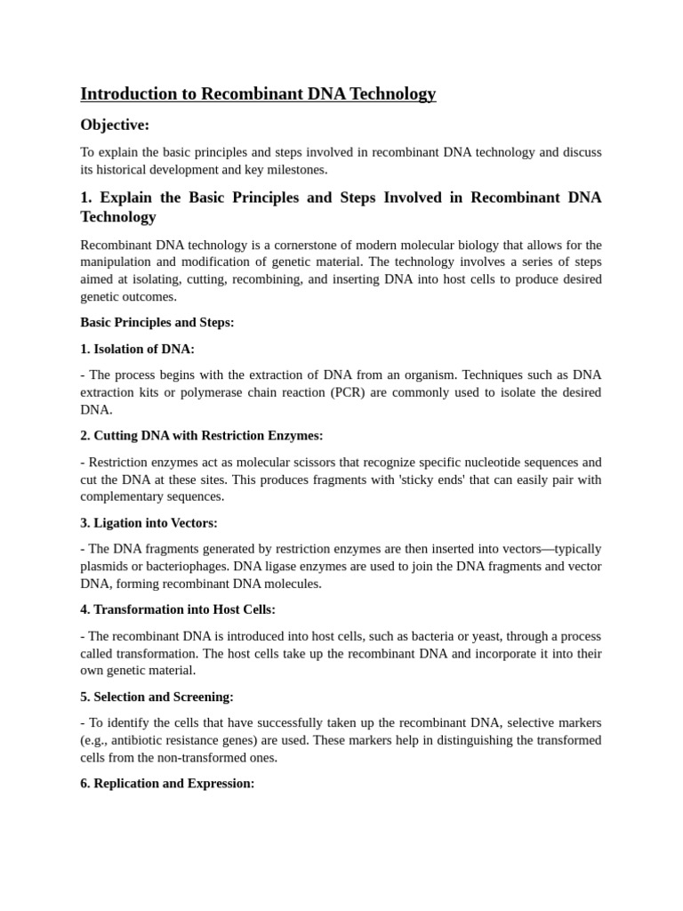 Overview of Recombinant DNA Technology | PDF | Molecular Cloning ...