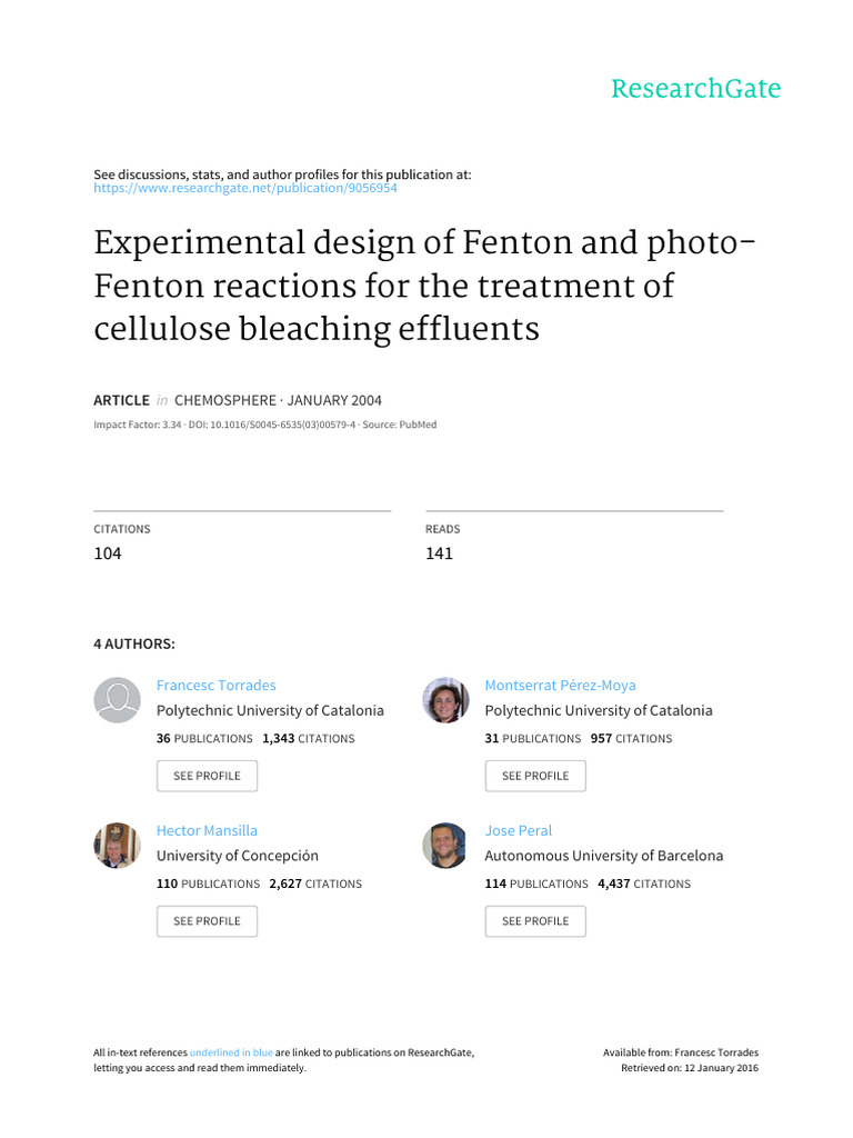 Experimental Design of Fenton and Photo-Fenton Reactions For The ...