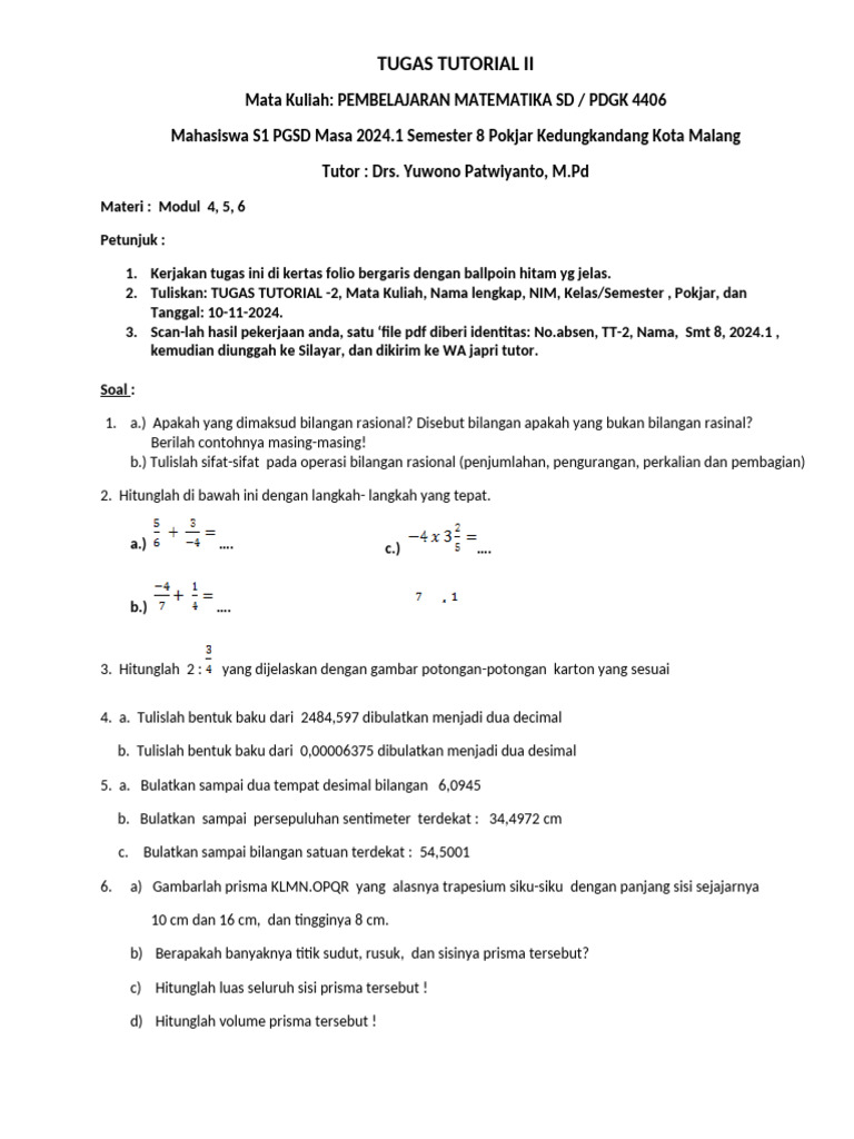 SOAL TUGAS TUTORIAL 2 PDGK4406 Pembel. Mat SD 2024.1 SMT 8 | PDF | Metode & Bahan Ajar