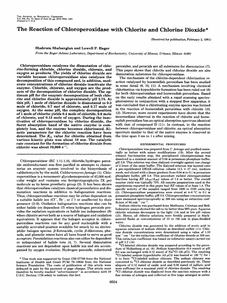 The Reaction of Chloroperoxidase With Chlorite and Chlorine Dioxide, Shahangian & Hager, J. Biol ...