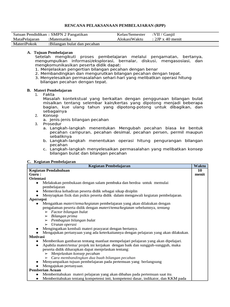 RPP Bilangan Bulat Dan Pecahan | PDF | Karier & Perkembangan | Sains & Matematika