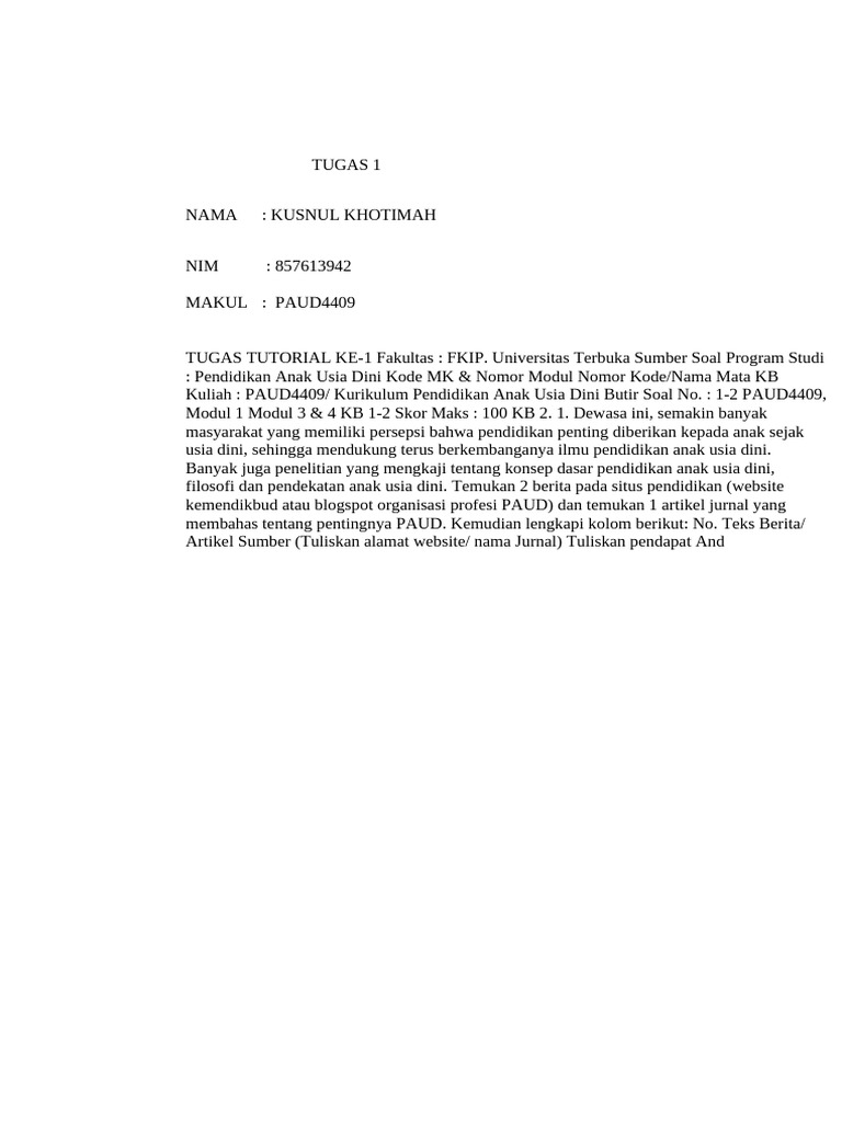 Tugas 1 - Kusnul Khotimah - 857613942 - Paud4409 | PDF | Karier & Perkembangan | Kesehatan Holistik