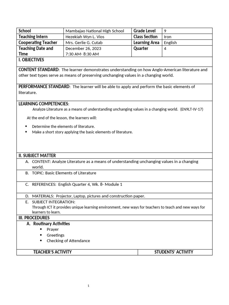 Detailed Lesson Plan Literature | PDF