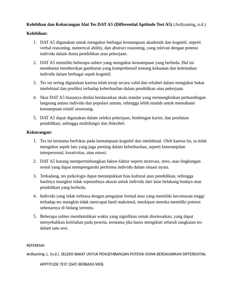 Kelebihan Dan Kekurangan Alat Tes DAT A5 | PDF | Karier & Perkembangan