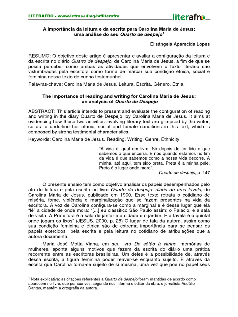 Leitura e Escrita em Quarto de Despejo | PDF | Jesus | Autor