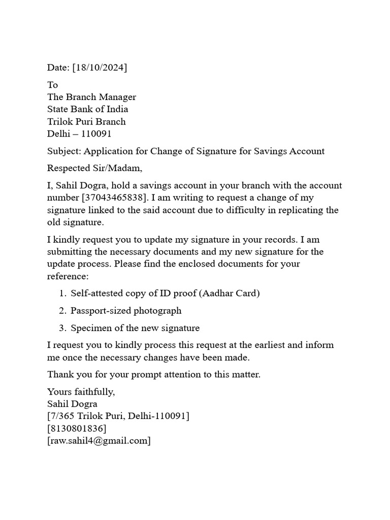 Signature Change Request for SBI Account | PDF | Finance & Money ...