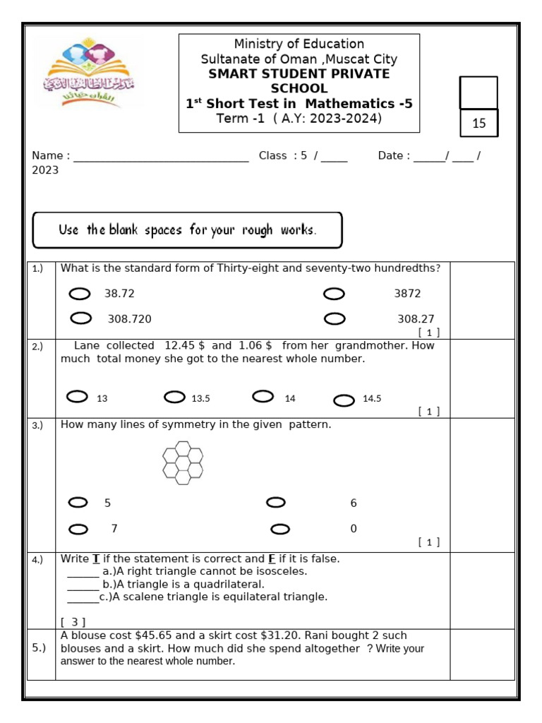 1st Shortest Maths 5 Today 23 | PDF | Triangle | Shape