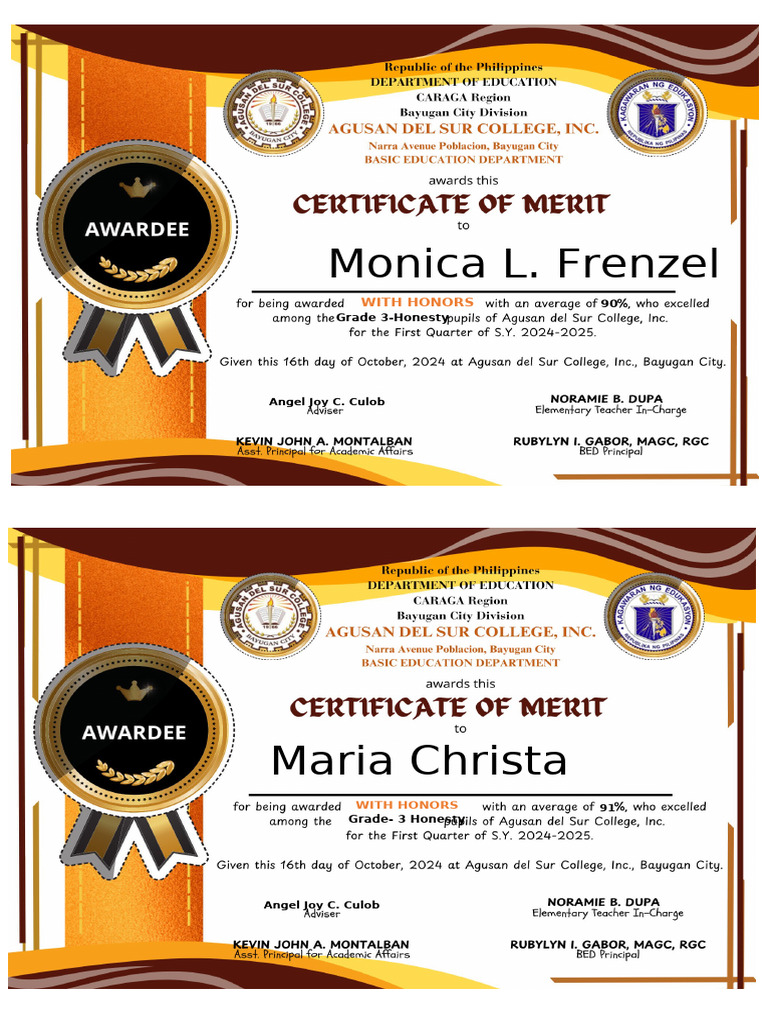 1st Quarter Certificate Grade 3 Honesty | PDF