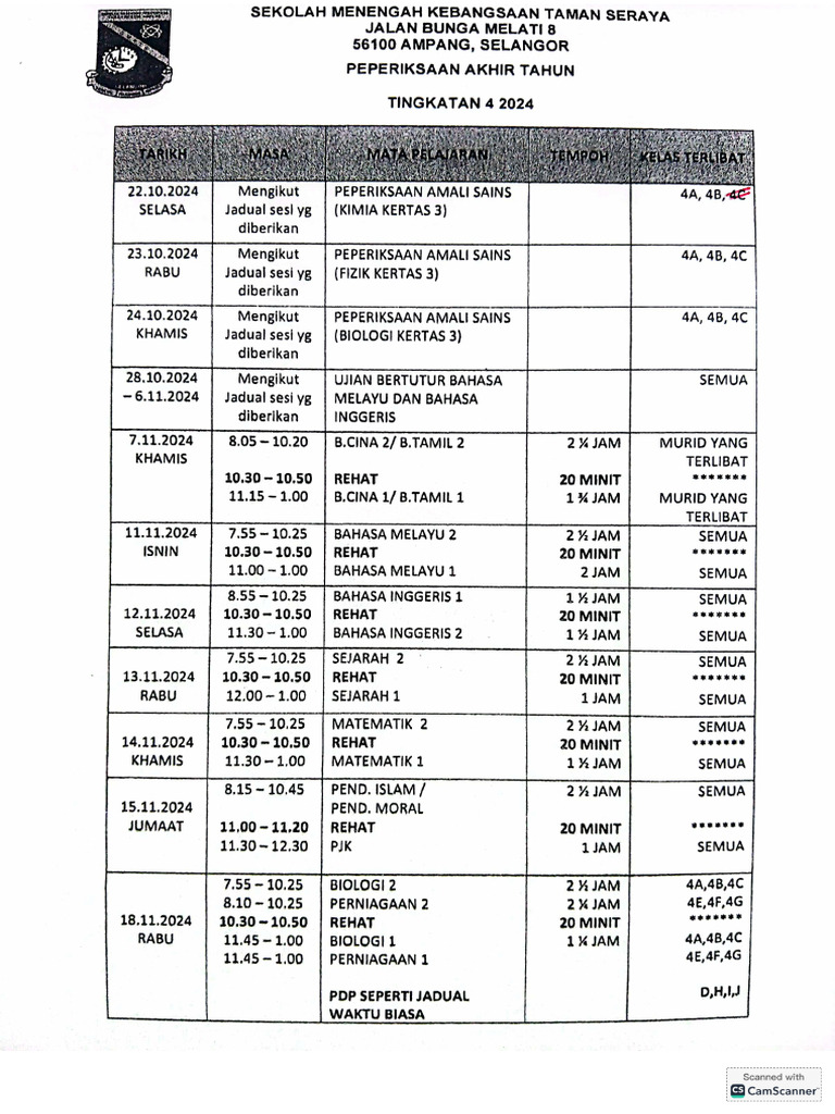 Jadual PAT Tingkatan 4 2024 | PDF