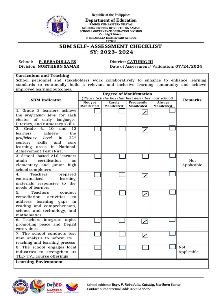 SBM Self-Assessment Checklist 2023-2024 | PDF | Educational Assessment ...