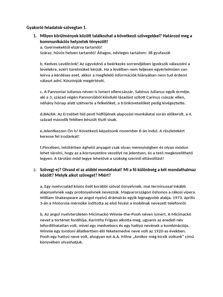 Gyakorló Feladatok Szövegtan 1 | PDF