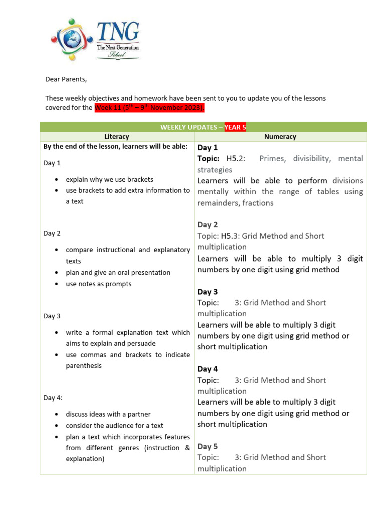 Year 5 Weekly Objectives & Homework | PDF | Bracket | Multiplication