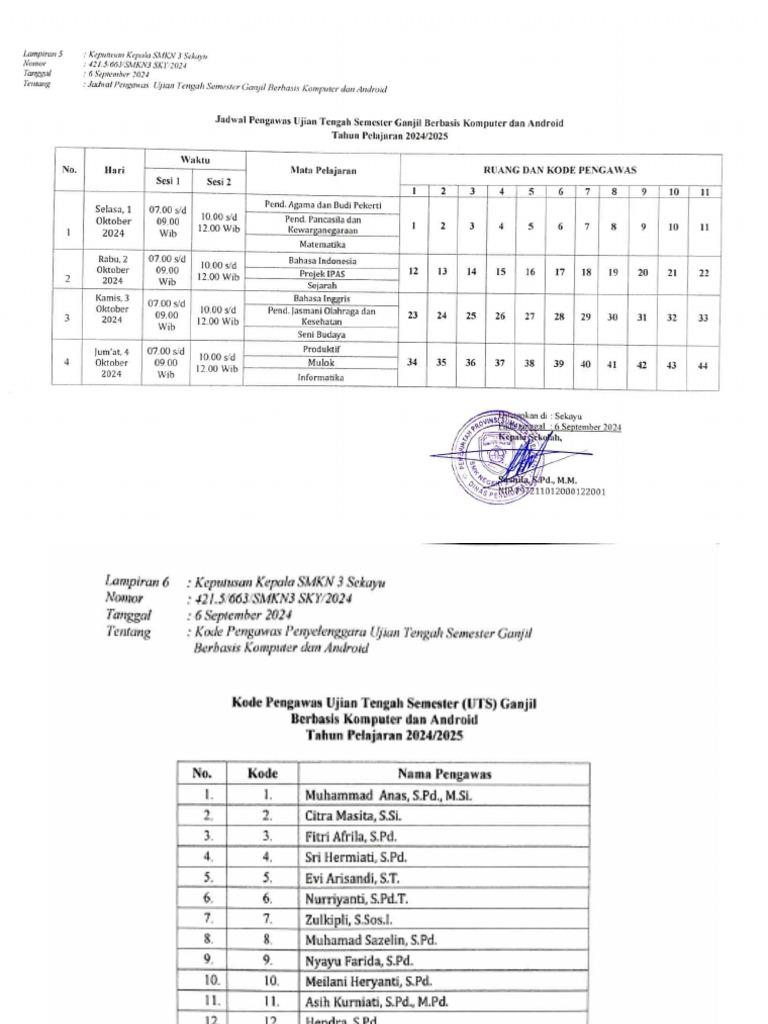 Jadwal Pengawas PTS Ganjil 2024 | PDF