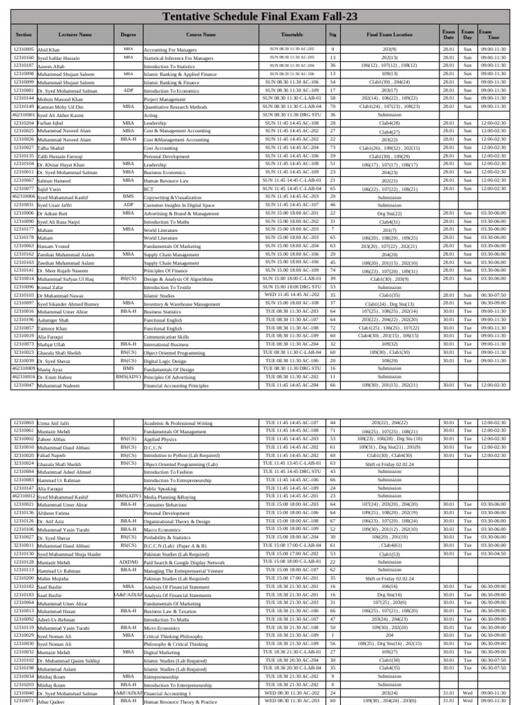 Final Exam Schedule Fall-23 | PDF