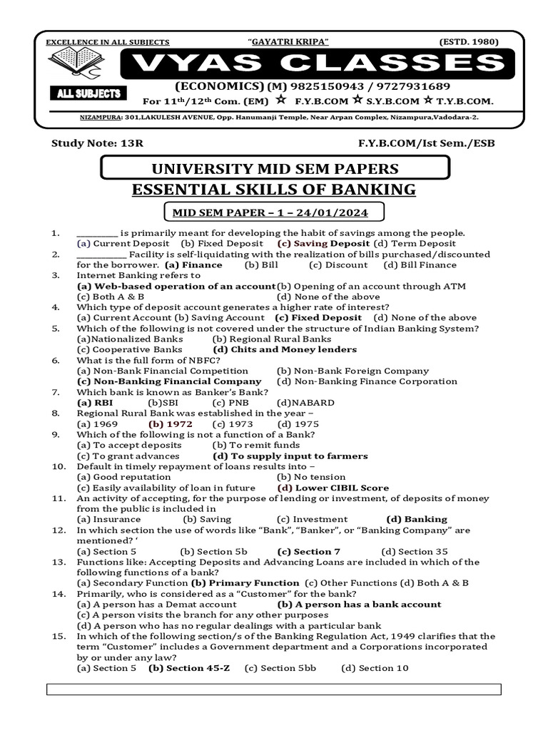 Esb Mid Sem Paper Set For VC | PDF | Loans | Reserve Bank Of India