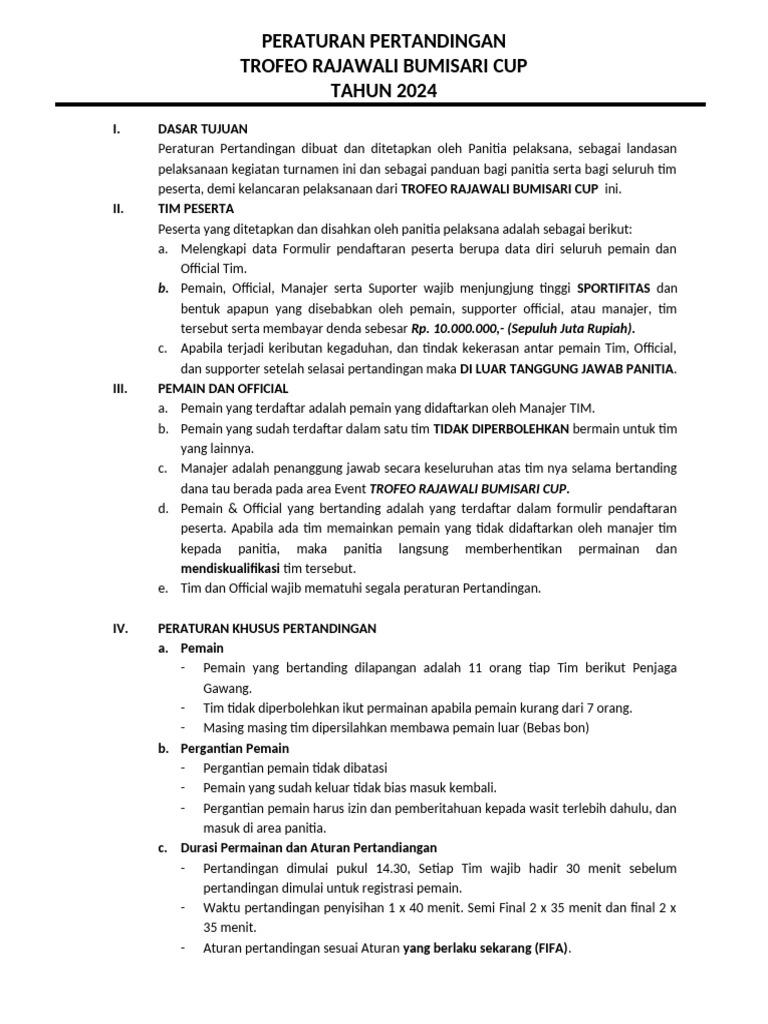 Peraturan Pertandingan Trofeo Rajawali Cup | PDF