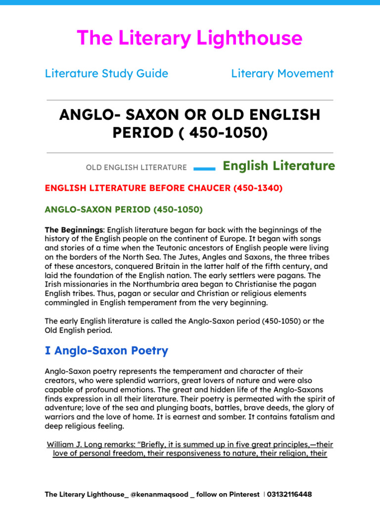 Anglo Saxon or Old English Literature Study Guide Notes by The Literary ...