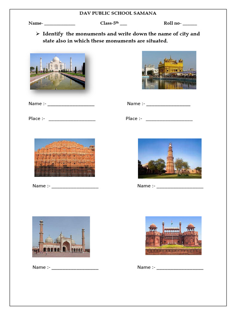 Grade 5 Monuments of India Worksheet | PDF