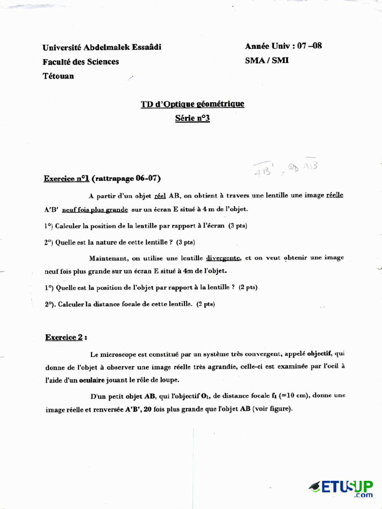 TD N°5 D'optique Géométrique Avec Corrigé PDF | PDF