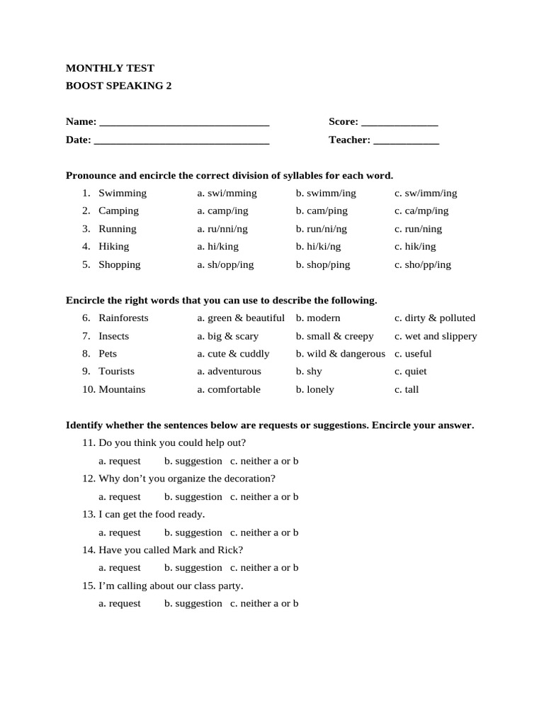 BOOST SPEAKING 2 Monthly Test | PDF | Home & Garden | Art