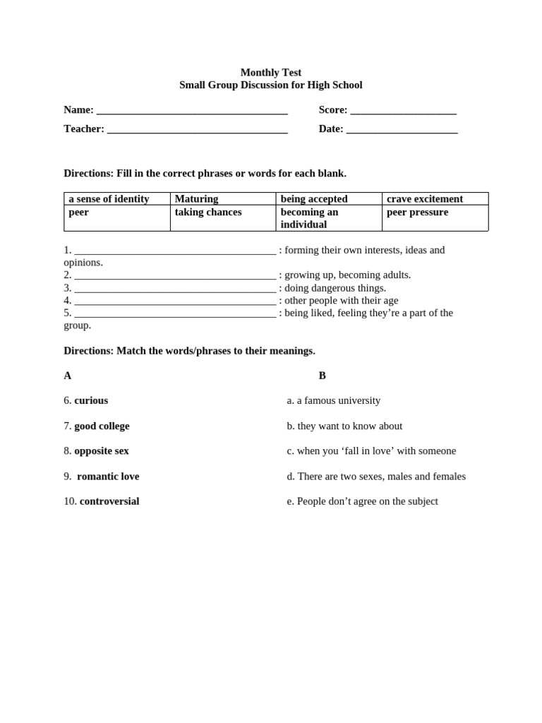 Monthly Test Small Group Dis Vhon | PDF | Adolescence