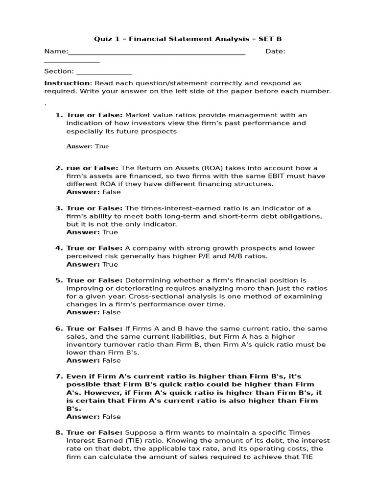Financial Statement Analysis Quiz B | PDF | Equity (Finance) | Net Income