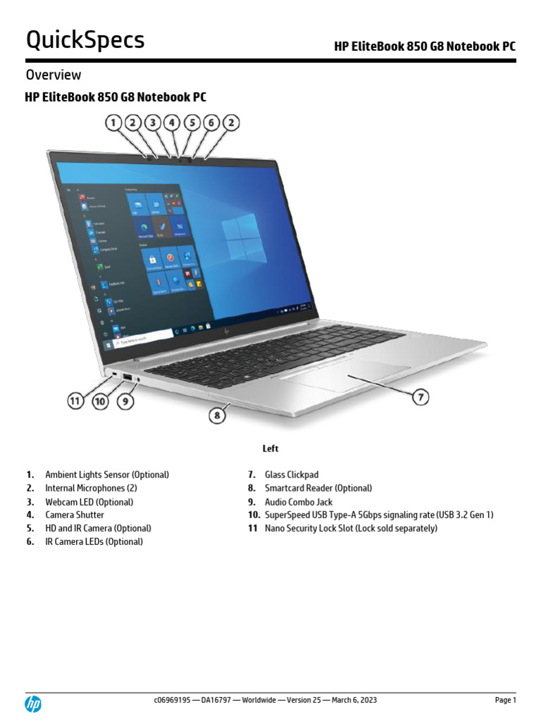 Quickspecs: HP Elitebook 850 G8 Notebook PC | PDF | Usb | Windows 10