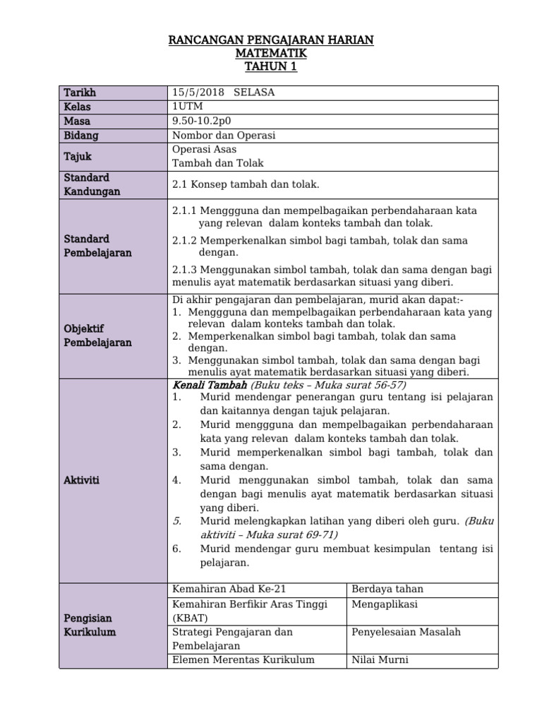 RPH Matematik Tahun 1: Operasi Tambah dan Tolak | PDF | Karier ...