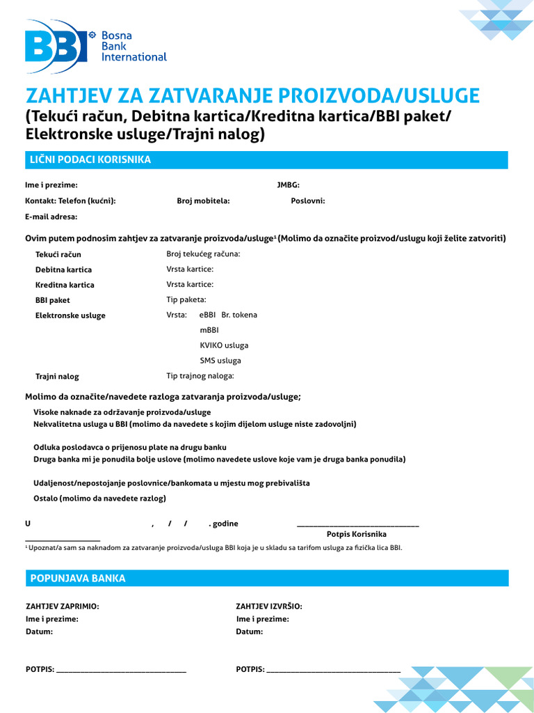 Bbi Zahtjev Za Zatvaranje Proizvoda Usluge 1 | PDF