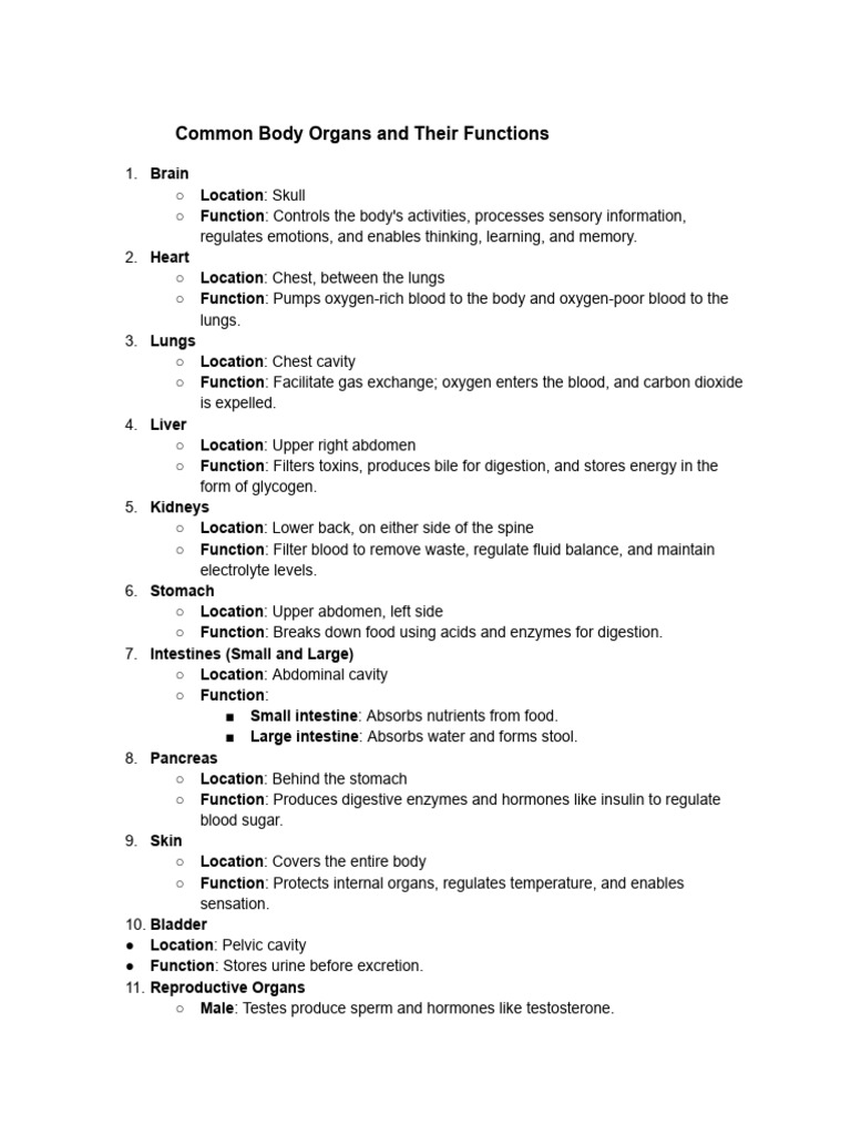 Common Body Organs and Their Functions | PDF