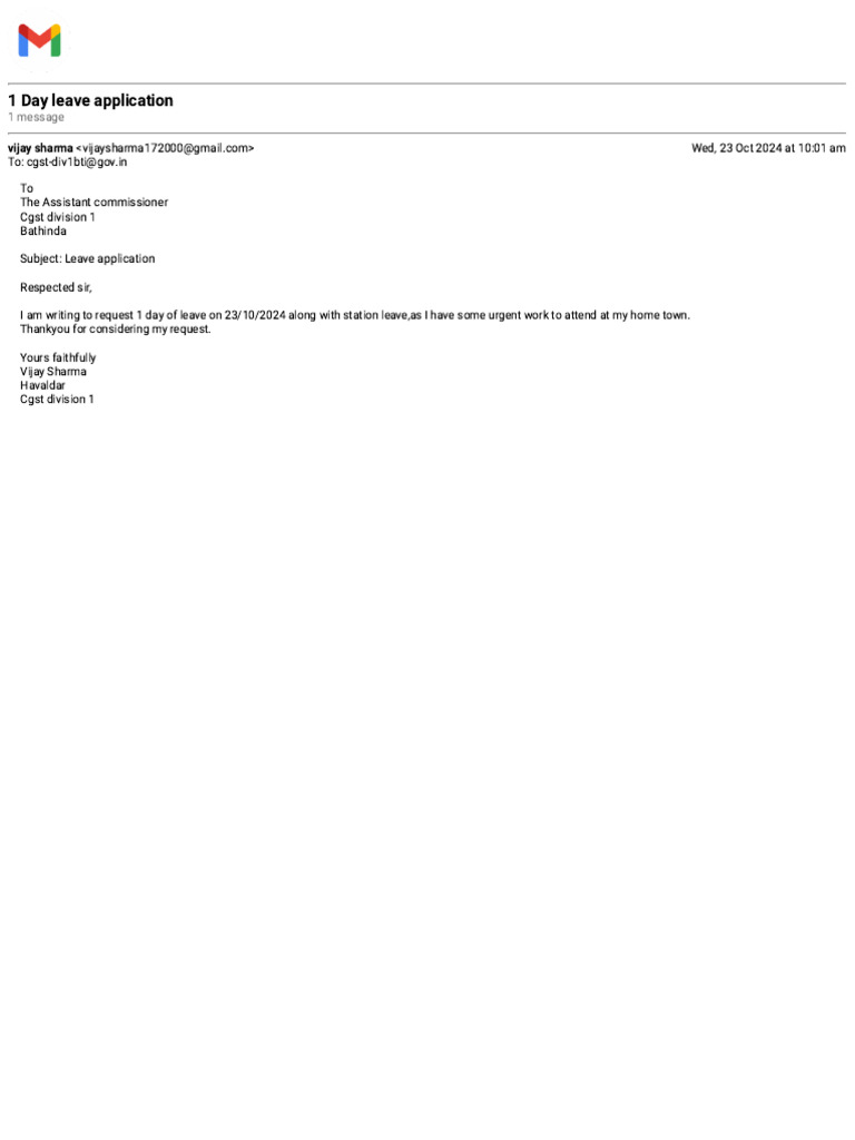Gmail - 1 Day Leave Application | PDF