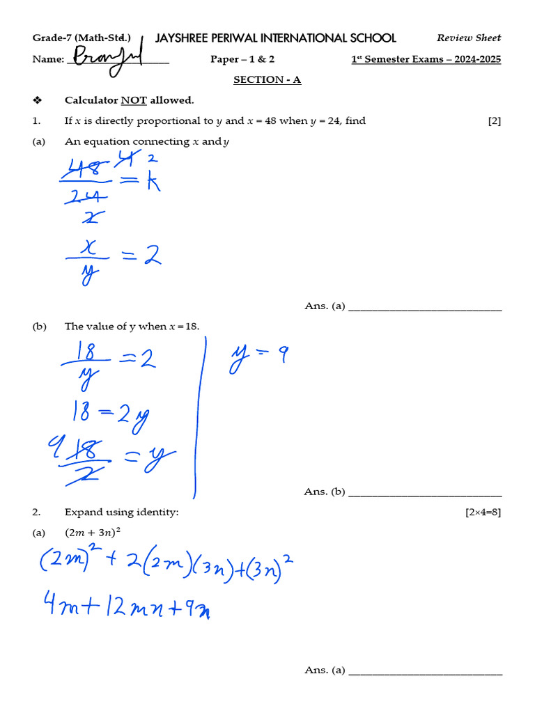 Math (STD.) - Paper 1 & 2 (Review Sheet) Final | PDF | Triangle ...