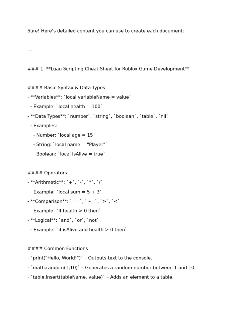 Luau Cheatsheet Very Useful | PDF | Control Flow | Computer Programming