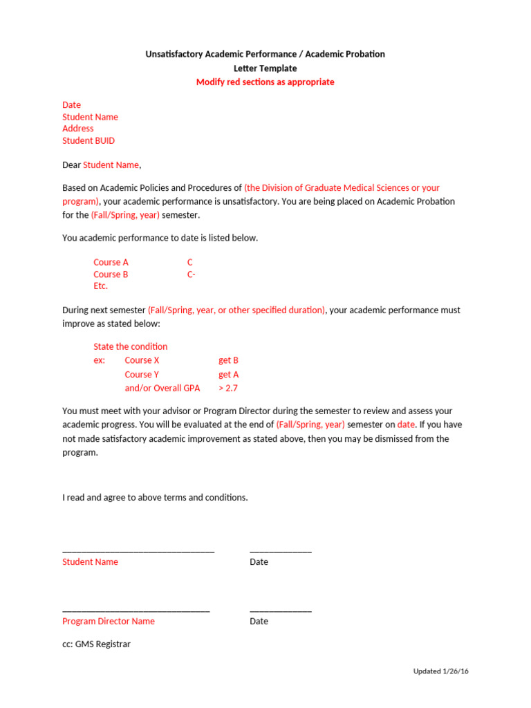 Academic Probation Letter Template FINAL 1.26.16 | PDF