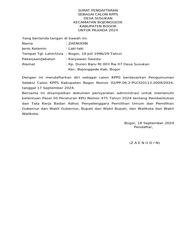 Formulir Pendaftaran Pernyataan KPPS | PDF