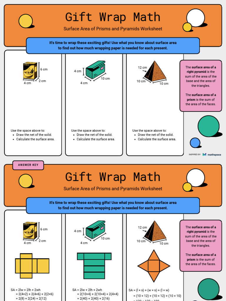 Surface Area of Prisms and Pyramids Math Worksheet in Orange White Blue ...