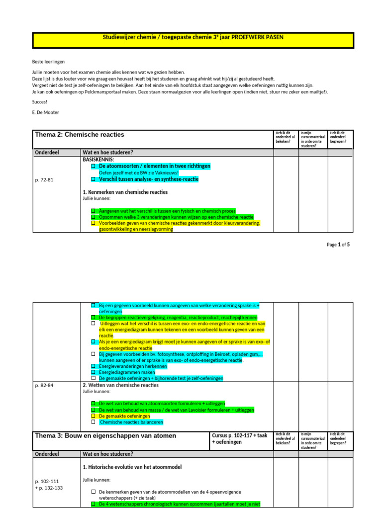 Studiewijzer Chemie 3e Jaar Paasexamen 2023 | PDF