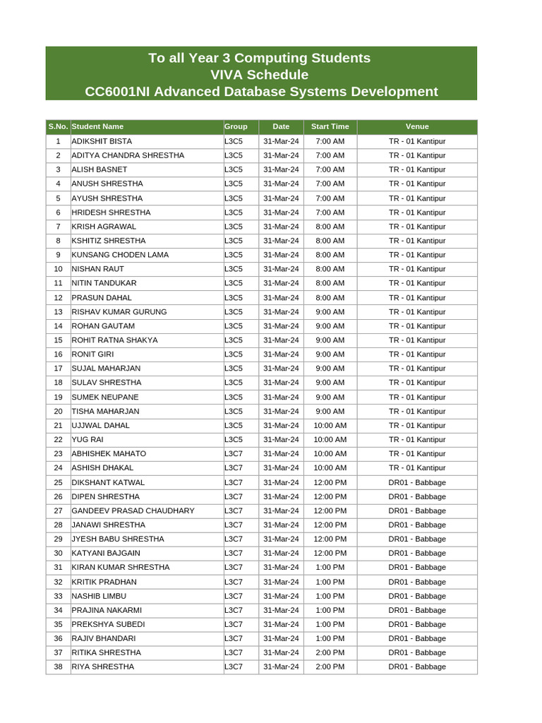 To All Year 3 Computing Students VIVA Schedule CC6001NI Advanced ...