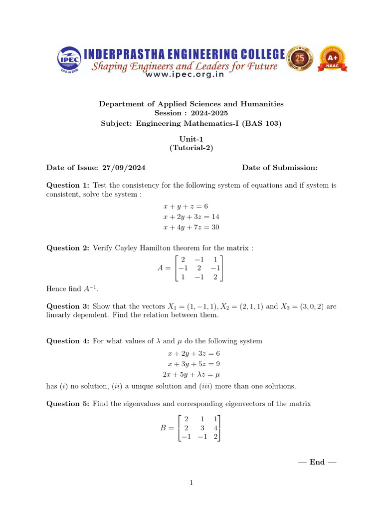 Tutorial 2 Engg Maths IPEC | PDF