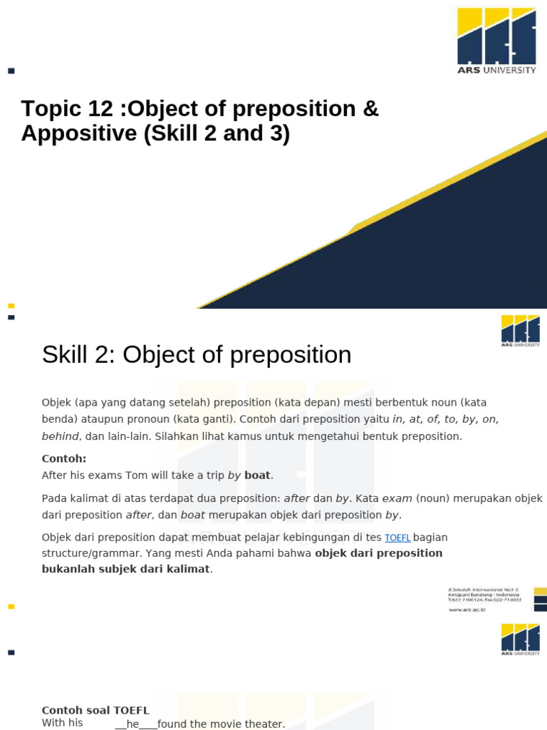 Objek Preposisi dan Appositive dalam TOEFL | PDF | Kajian Bahasa Asing ...
