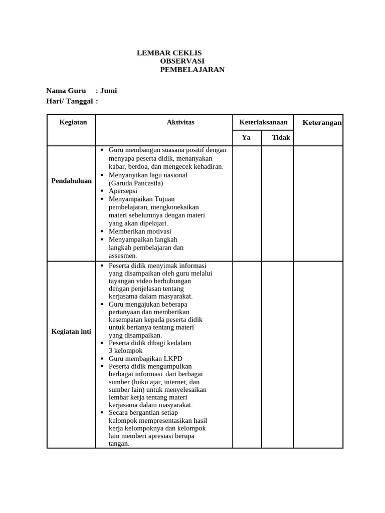 Ceklis Observasi Pembelajaran | PDF
