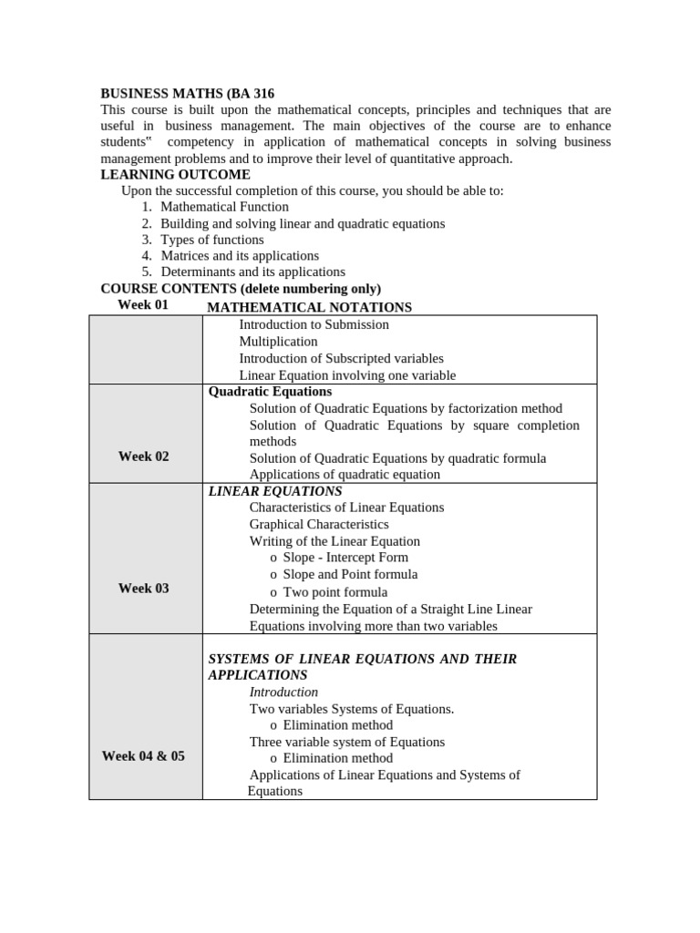 Business Math Course Overview | PDF | Determinant | Equations