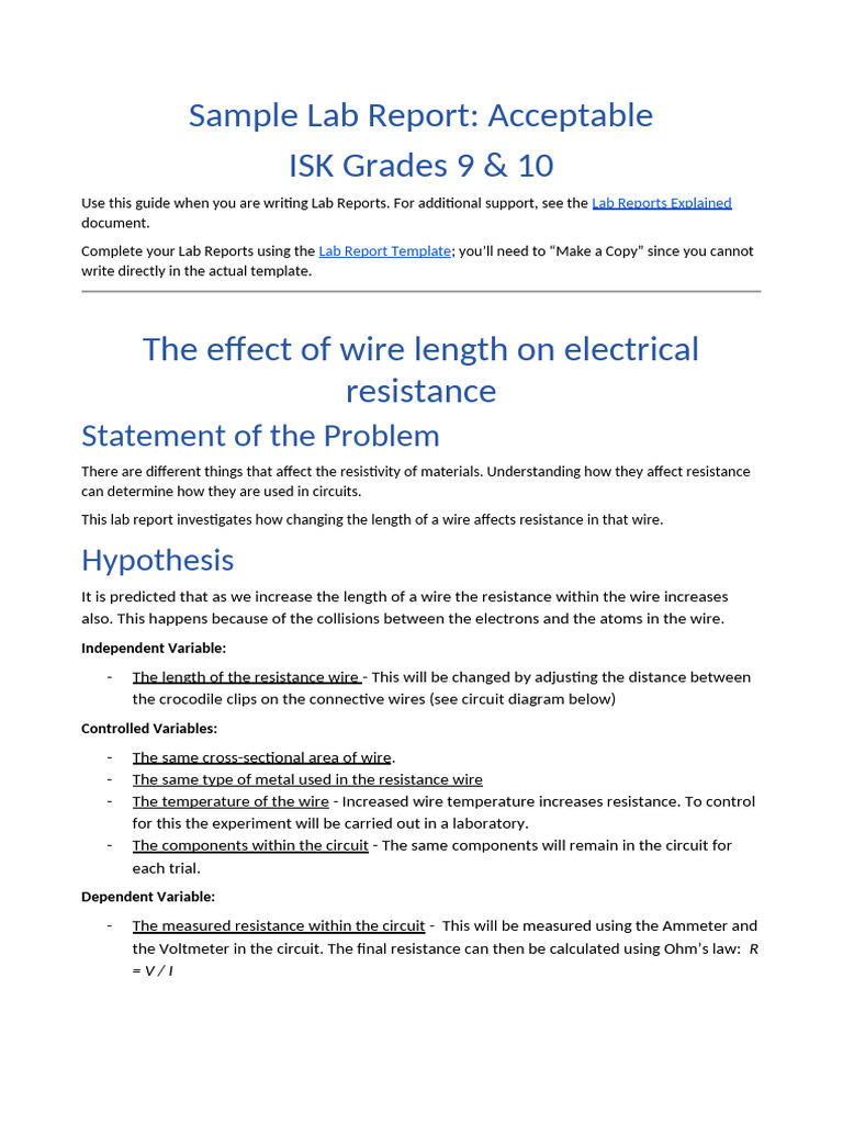 Grades 9 10 Sample Lab Report Acceptable | PDF | Electrical Resistance ...