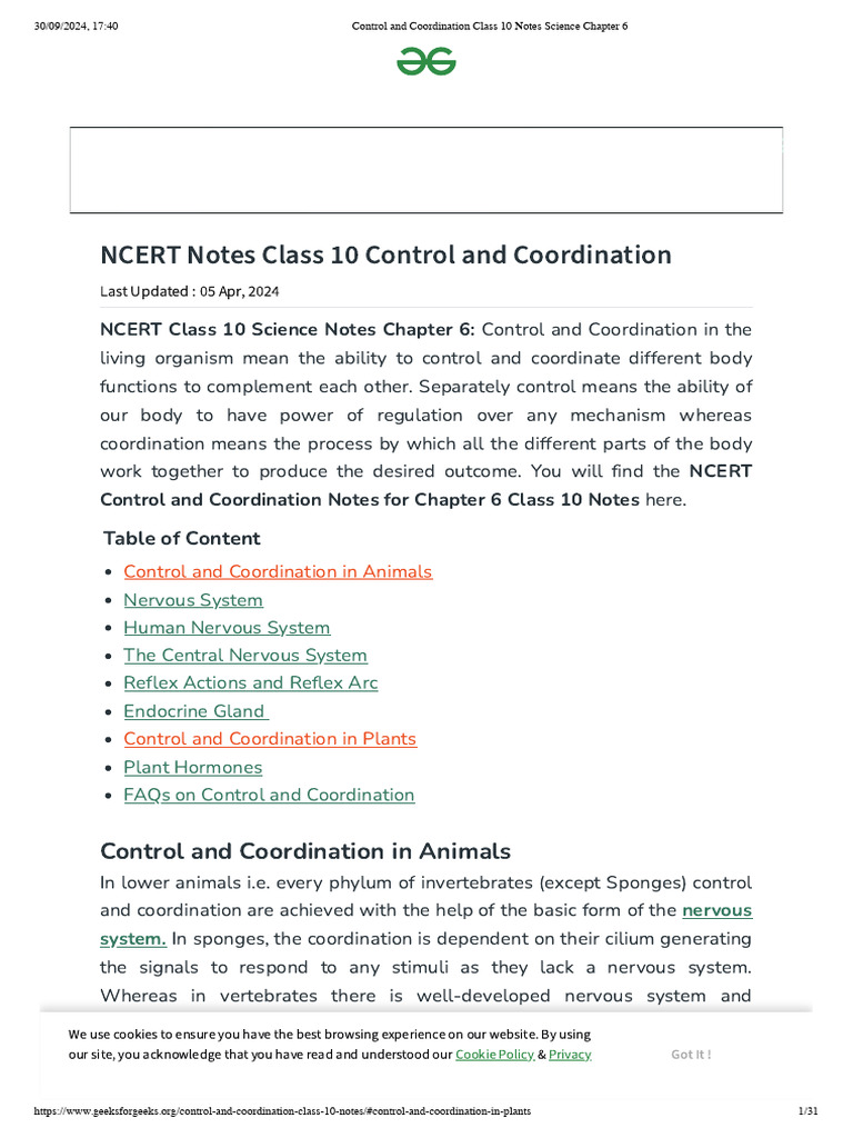 Control and Coordination Notes | PDF | Plant Hormone | Cerebrum