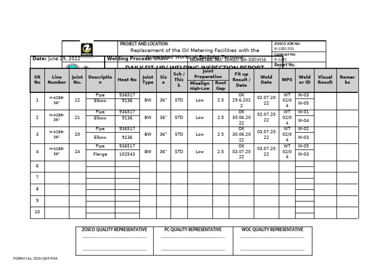 Daily Fit-Up/ Welding Inspection Report For Piping: Project and ...