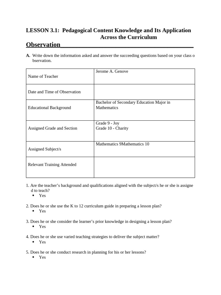 Teacher Observation Insights | PDF | Teachers | Lesson Plan